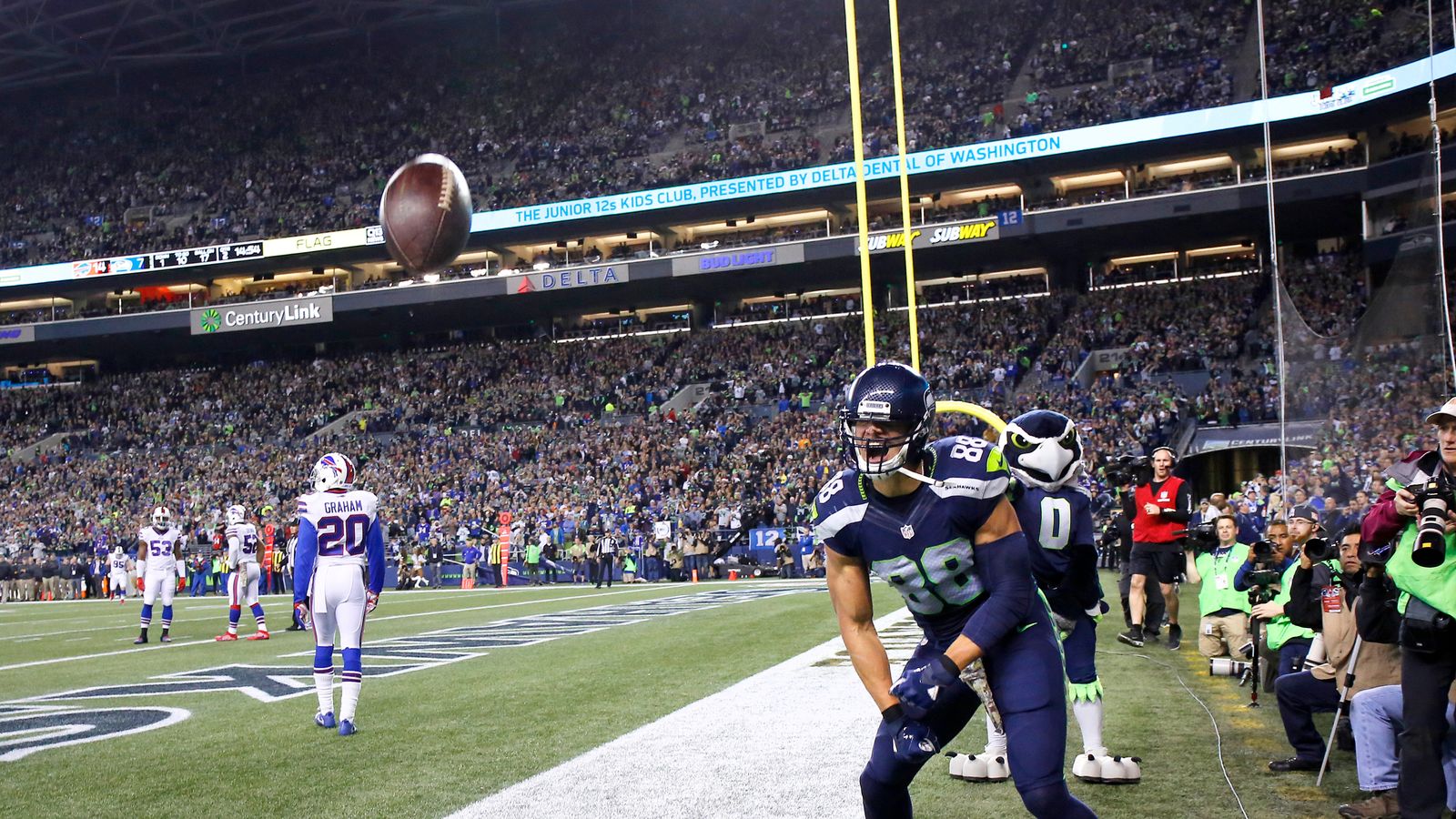 Seattle Seahawks tight end Jimmy Graham leaps over Stephon Gilmore ...
