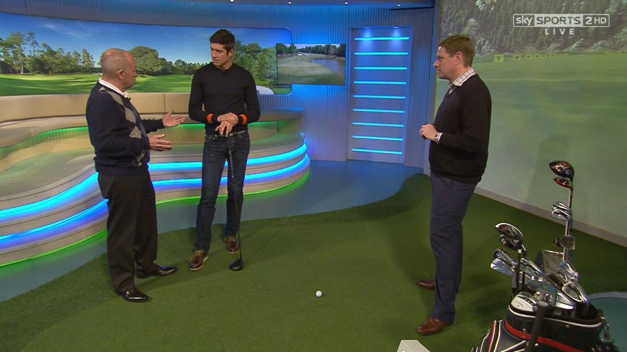 Vernon Kay gets tips from Denis Pugh in Shot Centre ahead of GolfSixes ...