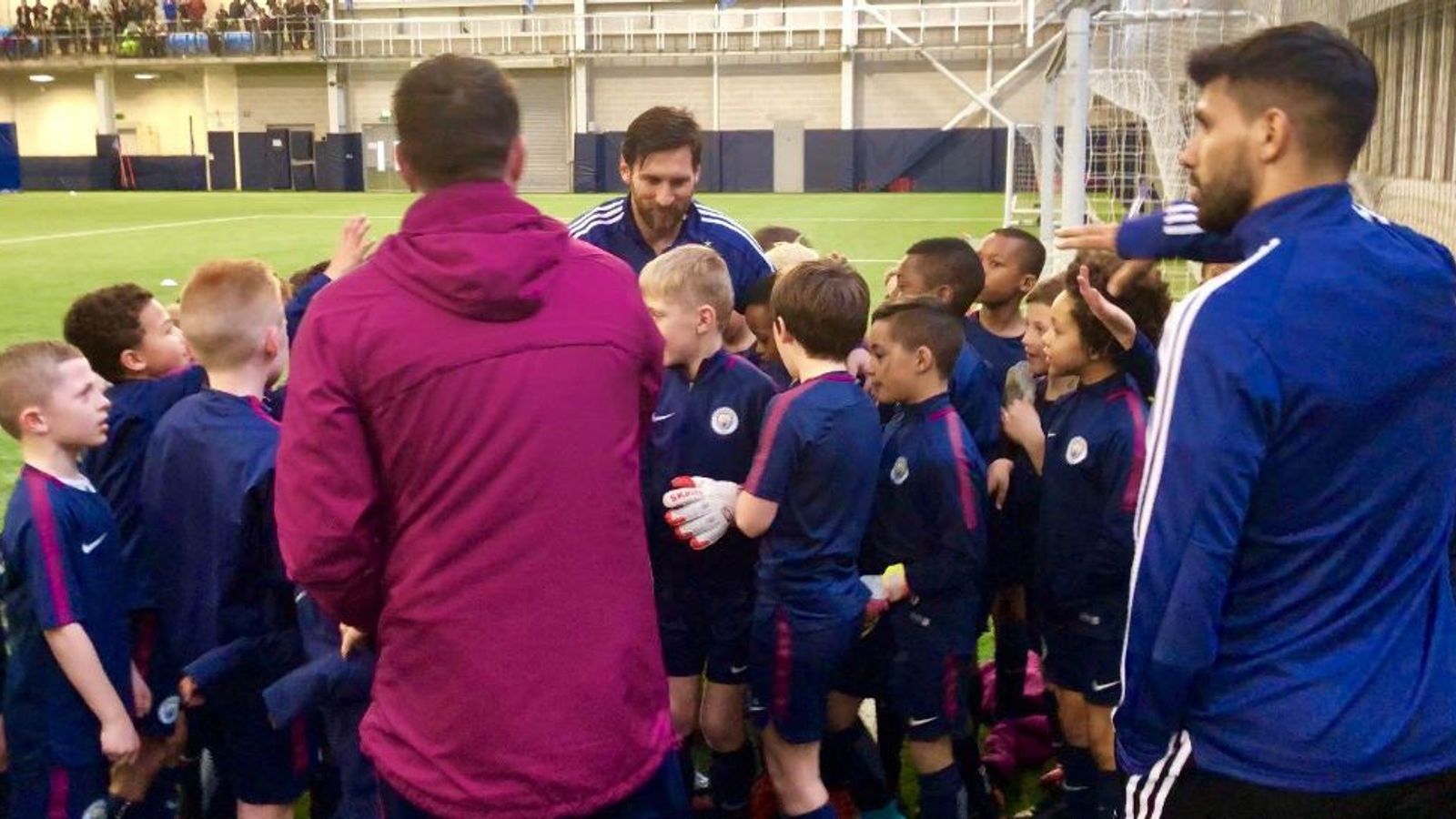 Lionel Messi and Sergio Aguero visit Manchester City Academy | Football ...