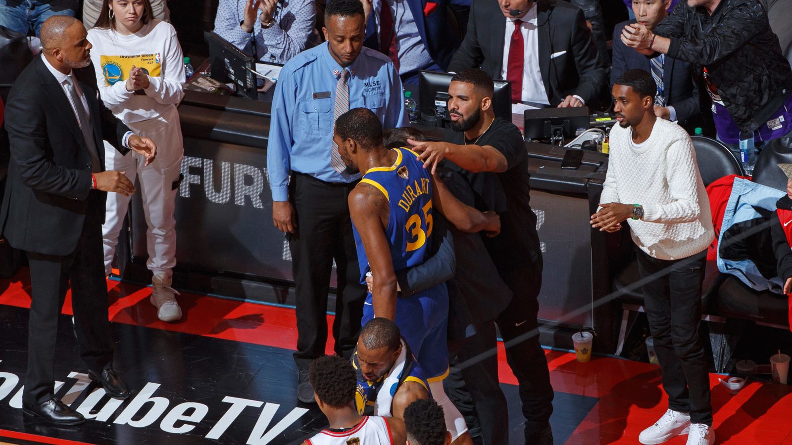 Drake consoles Kevin Durant as injured Warriors star leaves Game 5 ...