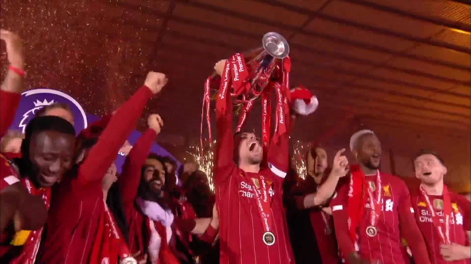 Liverpool Lift Premier League Trophy Champions Celebrate On Kop At