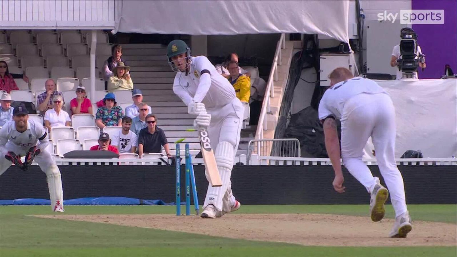 England's Ben Stokes bowls straight through South Africa's Marco Jansen ...