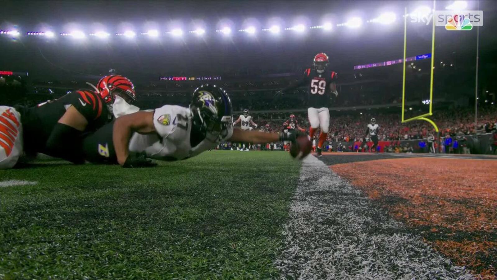 J.K. Dobbins goes fully parallel to reach out for a touch down on the ...