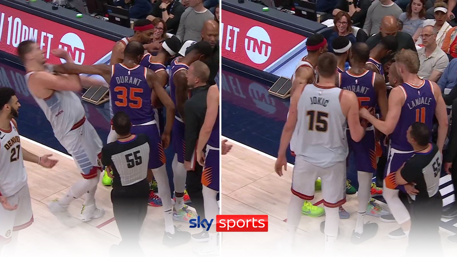 Kevin Durant pushes Nikola Jokic as he tries to join Phoenix Suns huddle! | NBA News | Sky Sports
