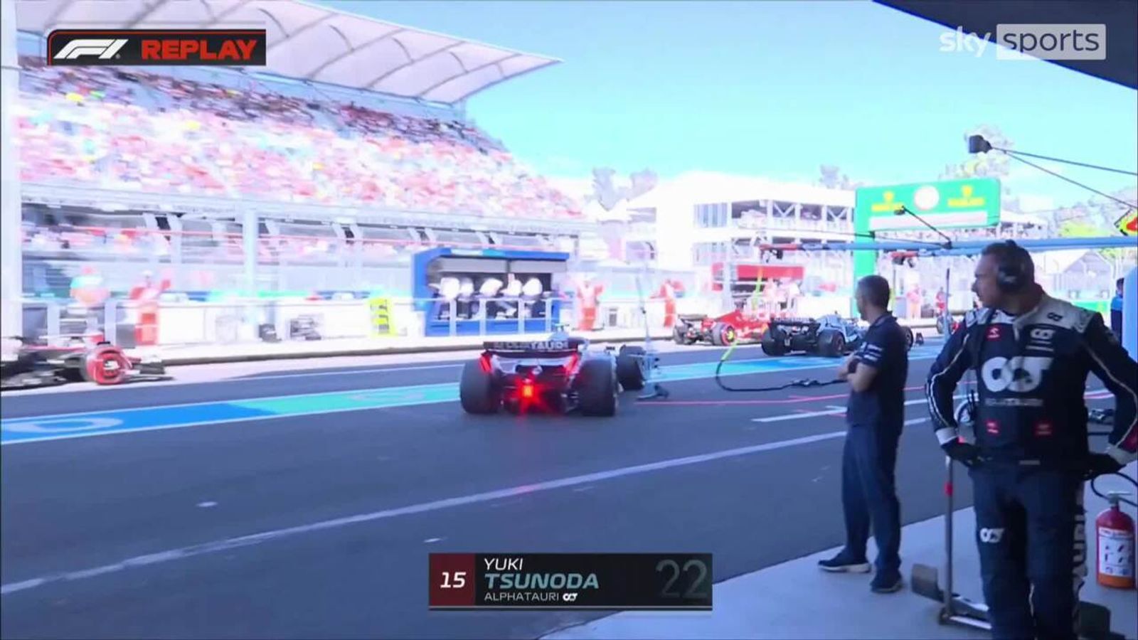 Pit lane chaos continues as Yuki Tsunoda drives into rear jack! | F1 ...