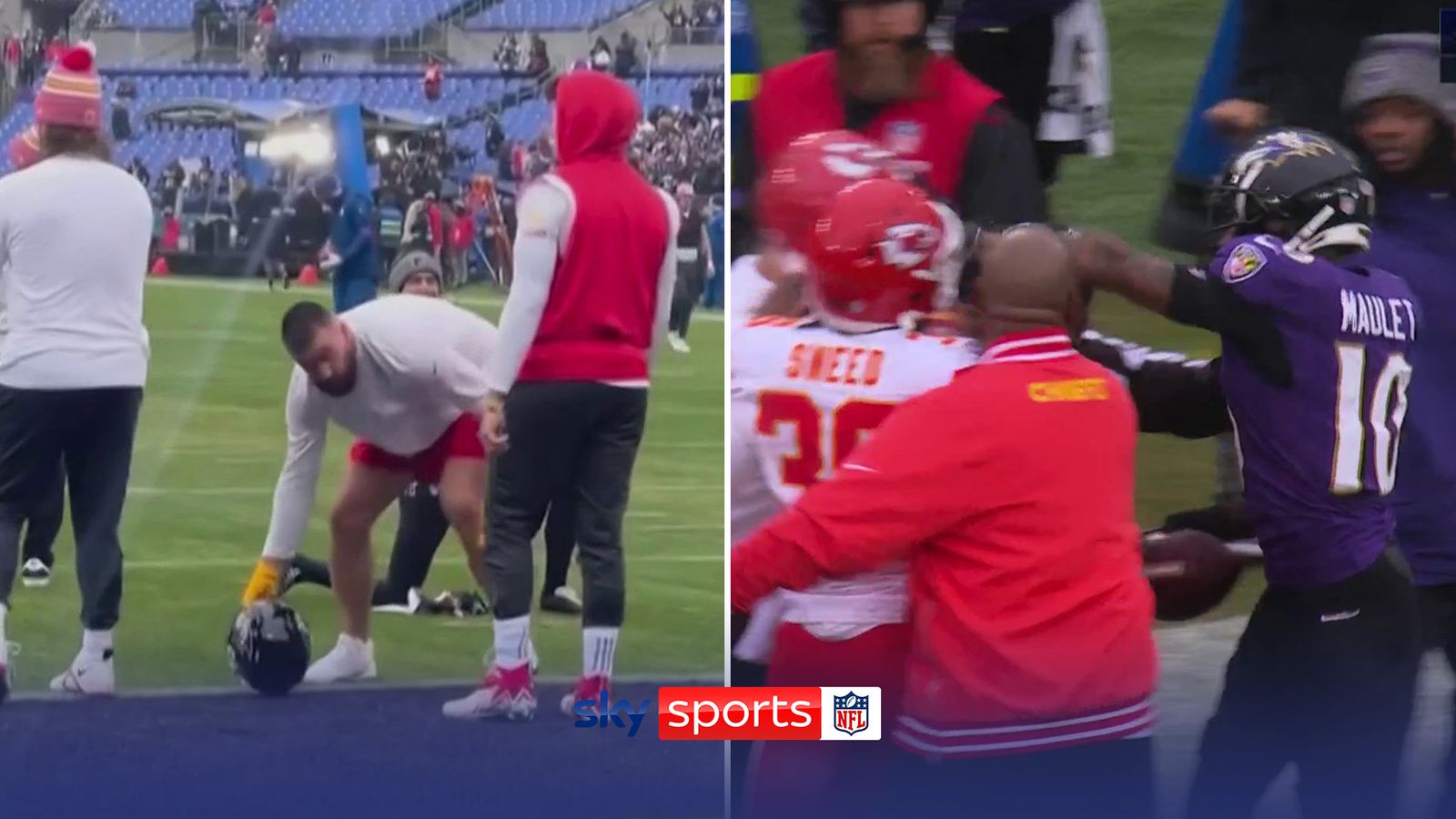 Travis Kelce throws Justin Tucker’s helmet away before Baltimore Ravens ...