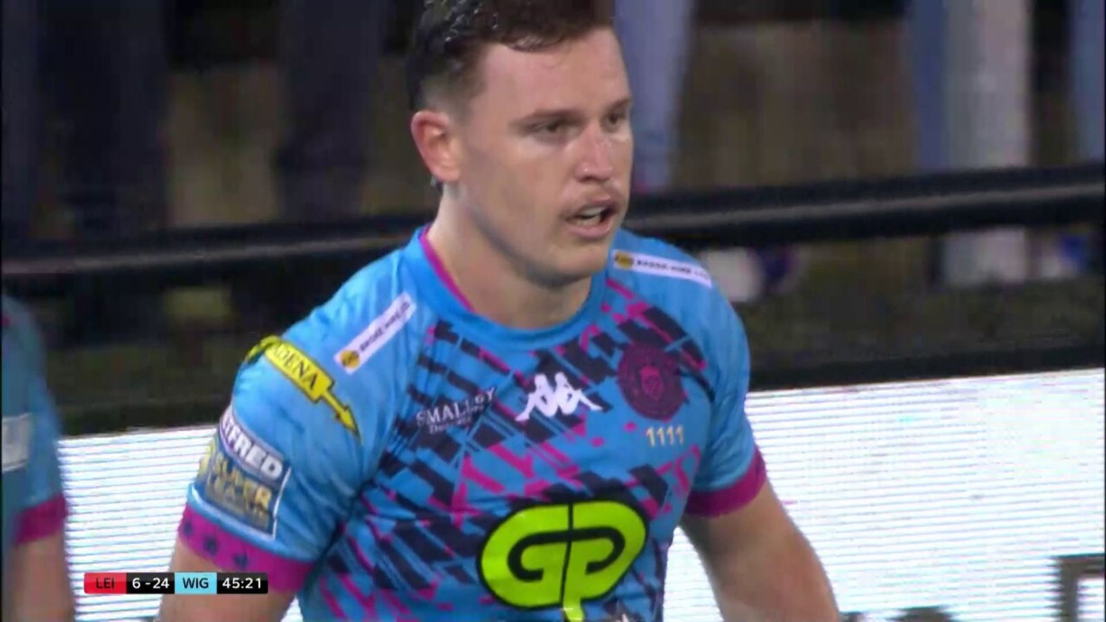 Wigan Warriors' Jai Field runs length of pitch for first try of the ...