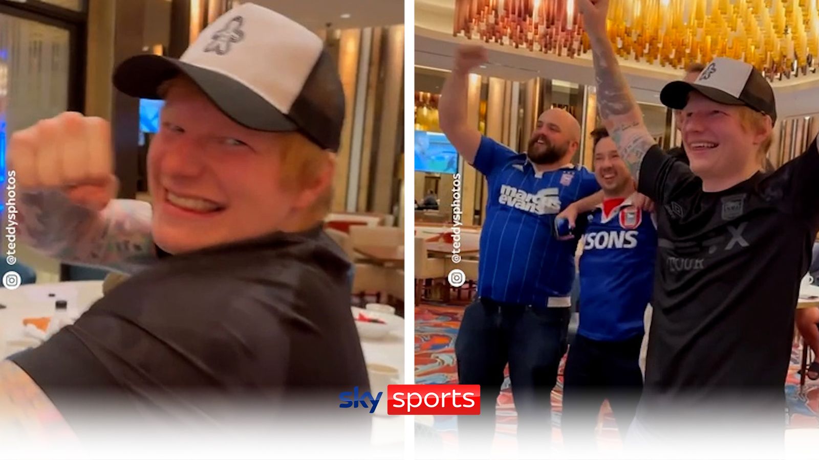 Ed Sheeran celebrates Ipswich Town's Premier League promotion while in ...