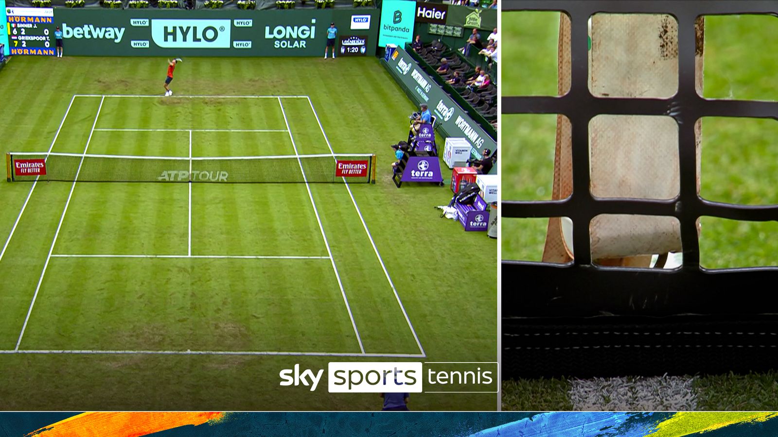 Strong Jannik Sinner serve breaks the net against Tallon Griekspoor ...