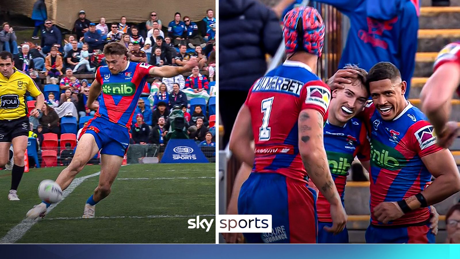Newcastle Knights' Fletcher Sharpe volleys ball to himself in amazingly ...